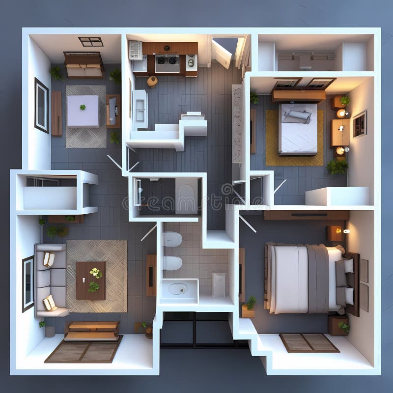 Modern 3D Apartment Floor Plan – Top-Down View Stock Image - Image of ...