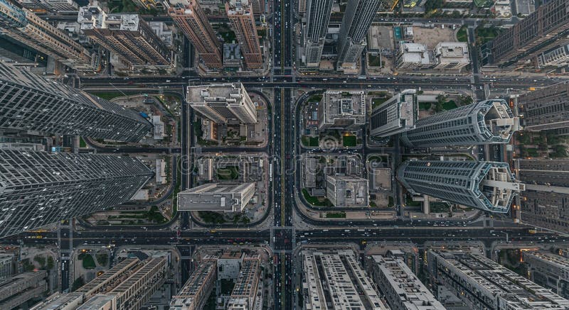 A Top-down View of a Densely Packed City Intersection, Featuring a Grid ...
