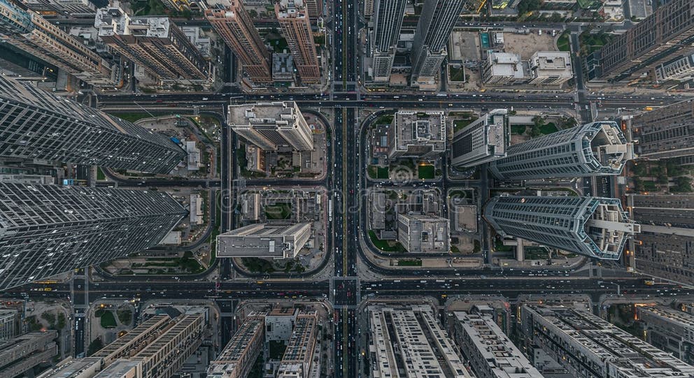 A Top-down View of a Densely Packed City Intersection, Featuring a Grid ...