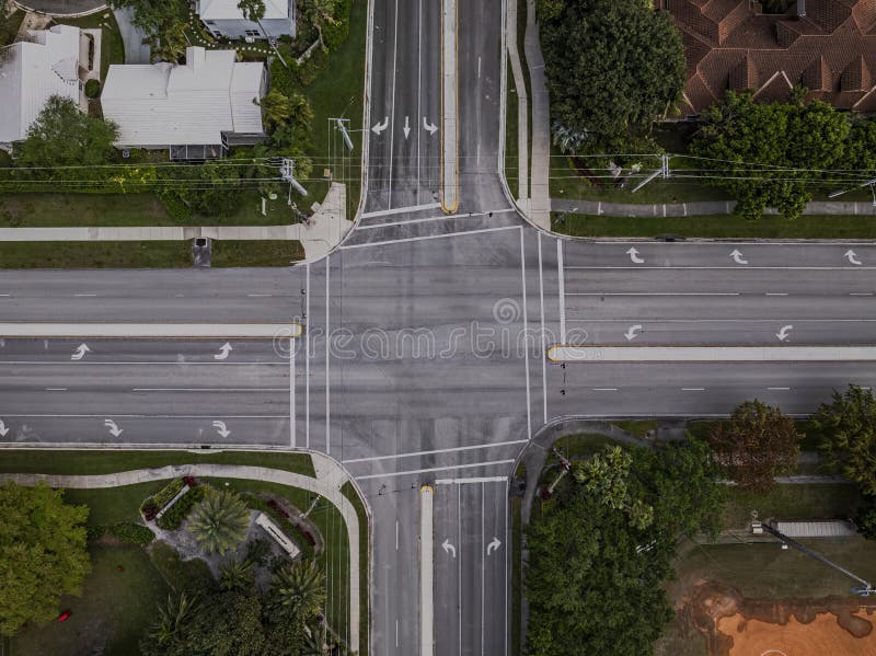 Top Down View Directly Over a Four-way Intersection on a Sunny Day in ...