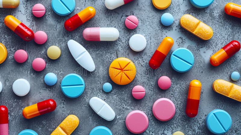 Top-down View Diverse Pills Scattered on a Gray Surface Stock ...