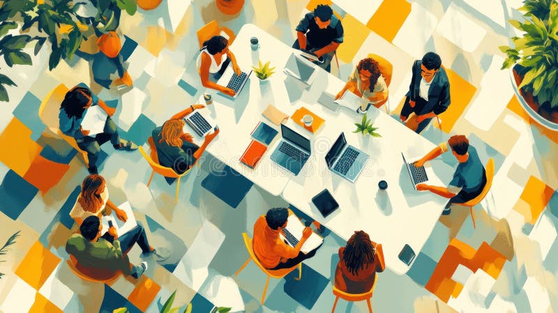 Modern Office Collaboration: Team Meeting Top-Down View Stock ...