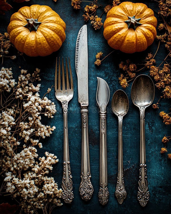 Elegant Autumn Table Setting with Pumpkins and Vintage Cutlery Stock Image - Image of buffet ...