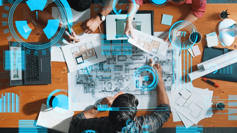 Top Down View of Civil Engineer Planning and Writing at Blueprint ...