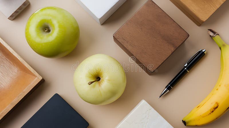 A Top-down View of Fresh Fruits and Various Objects Arranged on a Beige ...