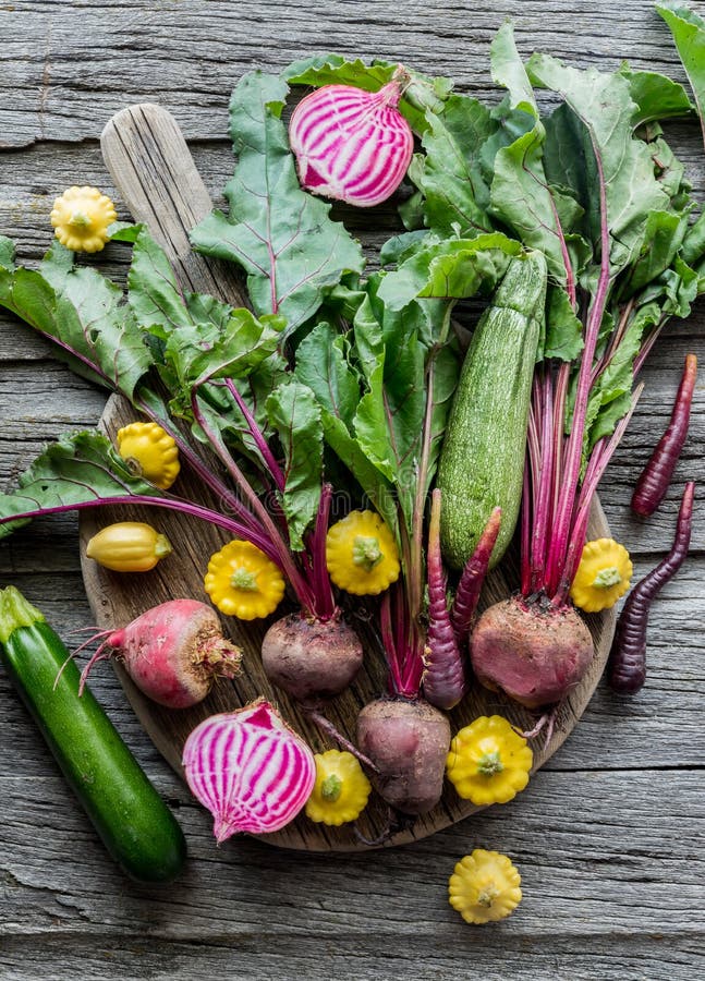 Top Down View of Fresh Root Vegetables Including Beets, Zucchini and ...