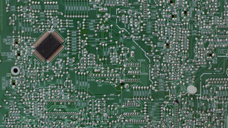 Top Down View of Green Microchip of Complex Equipment. Many Soldered ...