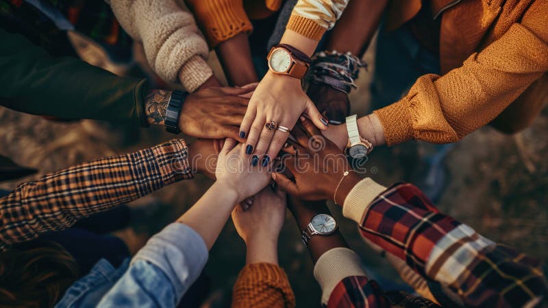 A Top-down View of a Group of Friends Stacking Their Hands Together ...