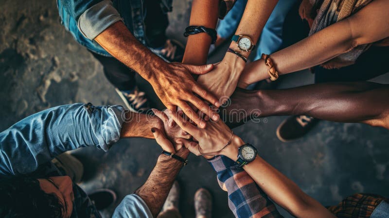 A Top-down View of a Group of Friends Stacking Their Hands Together ...