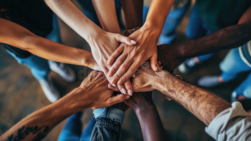 A Top-down View of a Group of Friends Stacking Their Hands Together ...