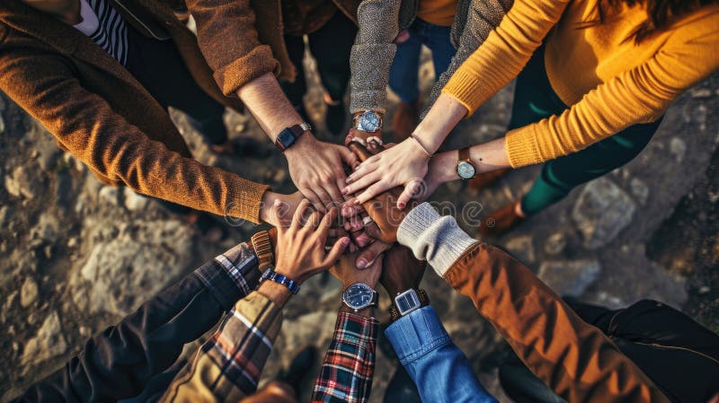 A Top-down View of a Group of Friends Stacking Their Hands Together ...