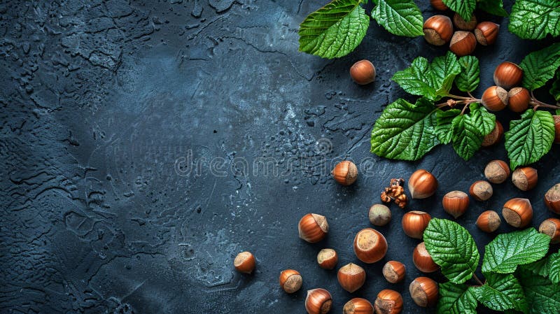 Top-down View Hazelnuts and Leaves Scattered on Textured Blue Surface ...