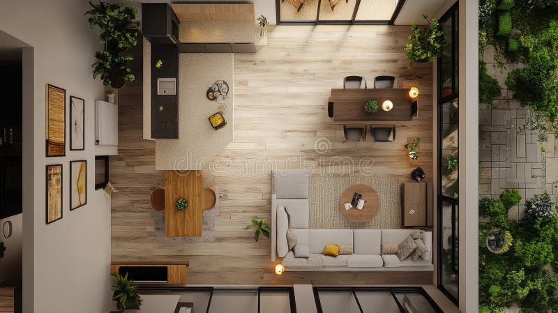 Top-down View of a House Floor Plan, 3D Visual of an Open Living Space ...