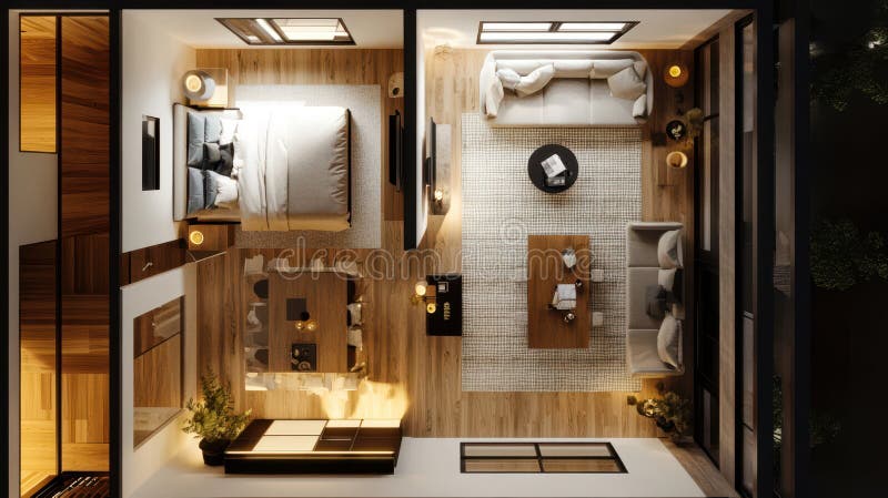 Top-down View of a House Floor Plan, 3D Visual of an Open Living Space ...