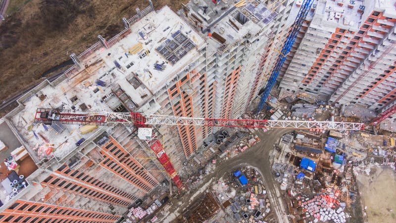 Top Down View of House Under Construction with Construction Crane Stock ...