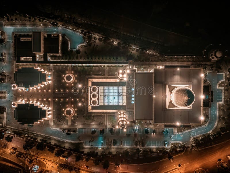 Top Down View of an Illuminated Beautiful Mosque during Prayers at ...