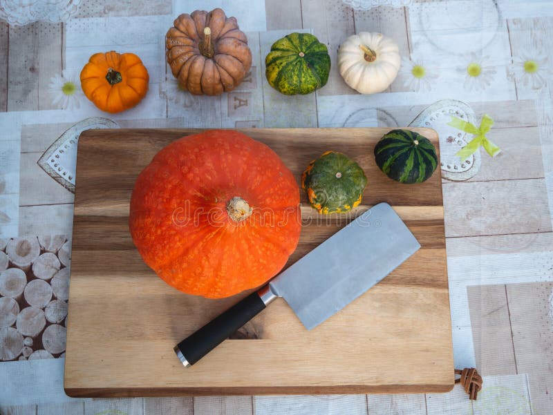 Top Down View of Imagine with Pumpkins and Axe Stock Image - Image of ...