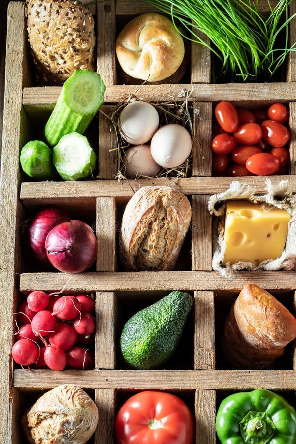 Top Down View of Ingredients for Breakfast in Rustic Box Stock Image ...