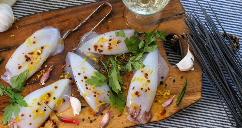 Top Down View of Ingredients for Pasta with Squids Cuttlefish and Ink ...