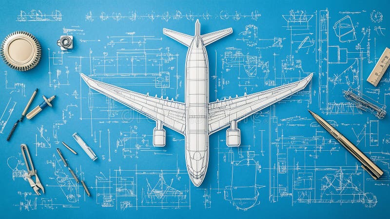 Detailed Airplane Blueprint with Engineering Tools Stock Illustration ...