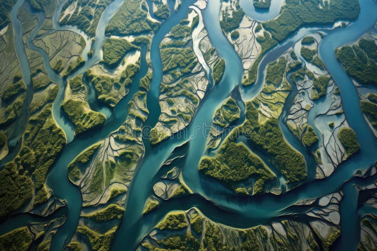 Top-down View of Intricate River Delta Patterns Stock Illustration ...