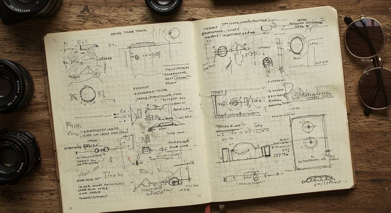 Inventor S Notebook with Technical Drawings and Vintage Camera Lenses ...