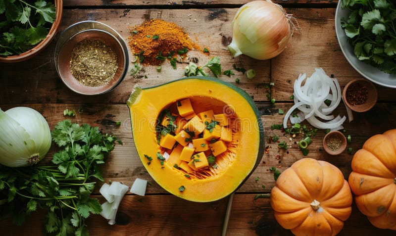A Top-down View of a Kitchen Prep Area with Fresh Cilantro Stock Photo ...