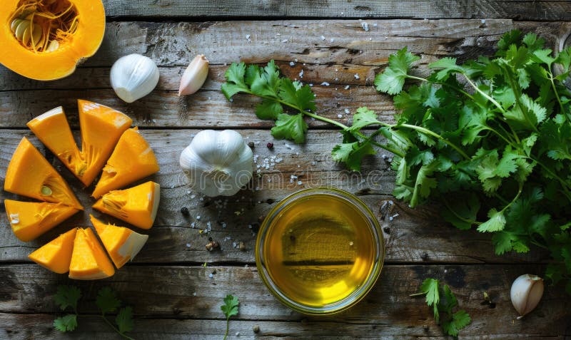 A Top-down View of a Kitchen Prep Area with Fresh Cilantro Stock Image ...