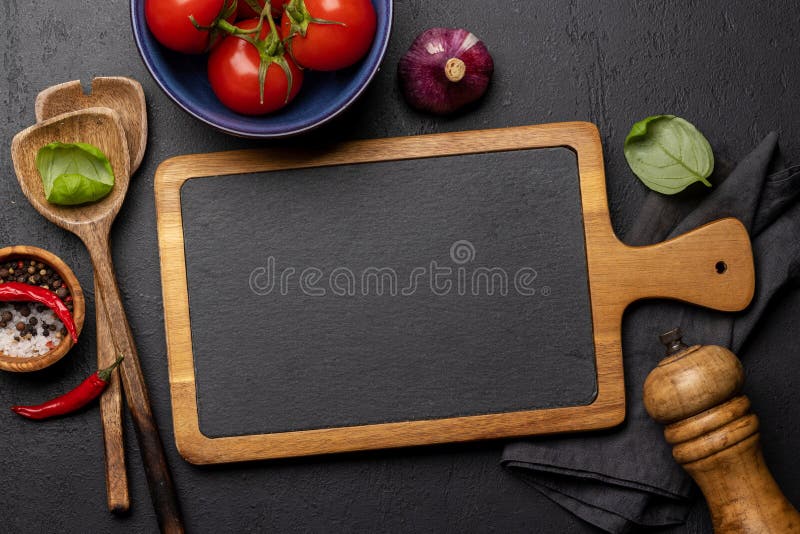 Top-down View of a Kitchen Table with Ingredients, Utensils, and Copy ...