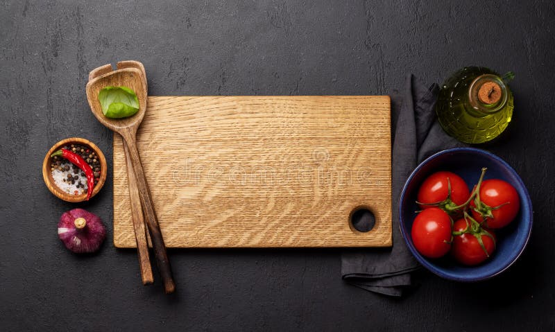 Top-down View of a Kitchen Table with Ingredients, Utensils, and Copy ...