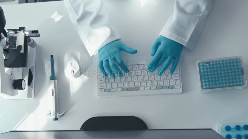 The Laboratory Workstation Shows a Researcher Typing on a Computer ...