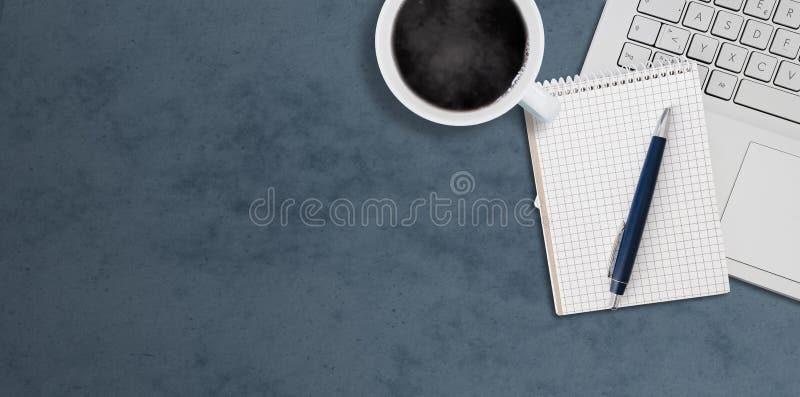 Top Down View of Laptop Computer, Coffee Cup and Notepad with Pen on ...