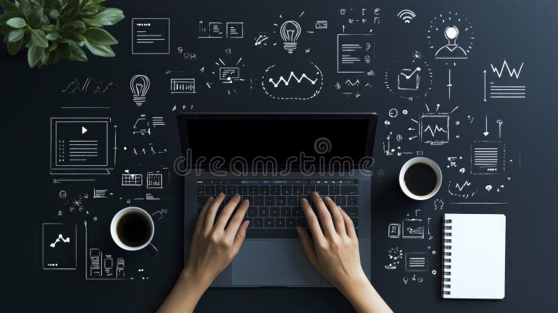 Top-down View of a Laptop Workspace with Digital Icons. Stock Image ...