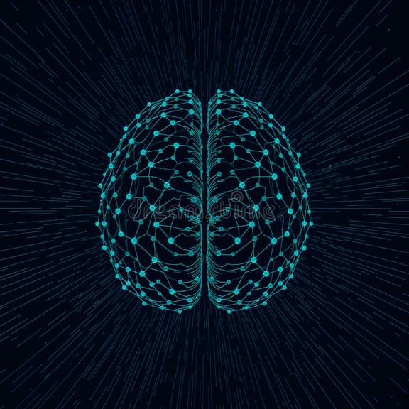 Top-Down View of a Luminous Teal Wireframe Human Brain, Clearly Divided ...