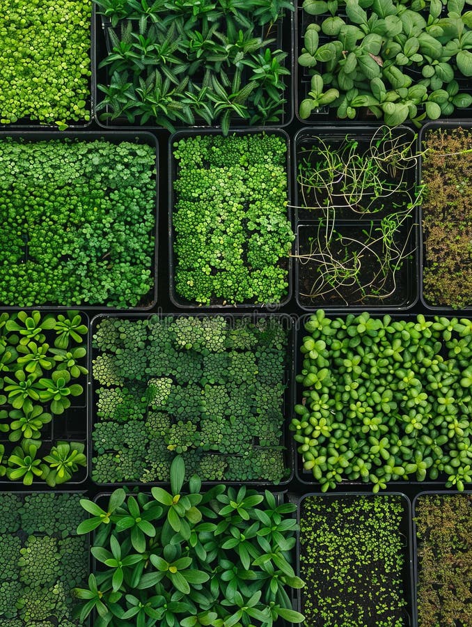 A Top-down View of a Microgreen Farm with Multiple Rows of Trays Filled ...