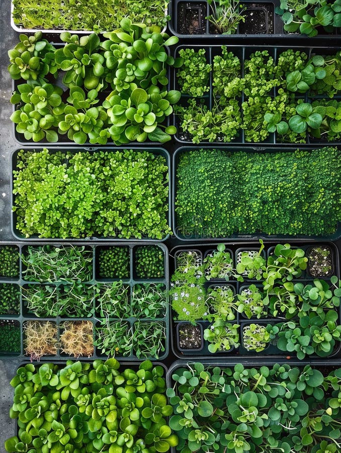 A Top-down View of a Microgreen Farm with Multiple Trays Filled with ...