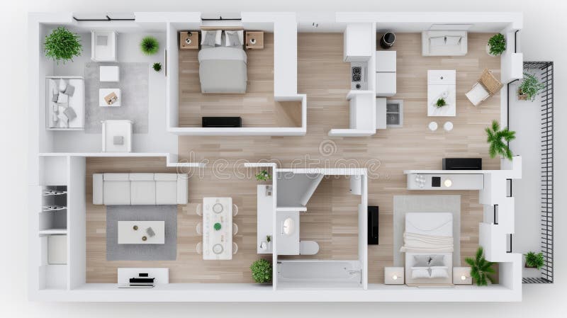 Top-down View of a Modern Apartment Floor Plan with Furniture Stock ...
