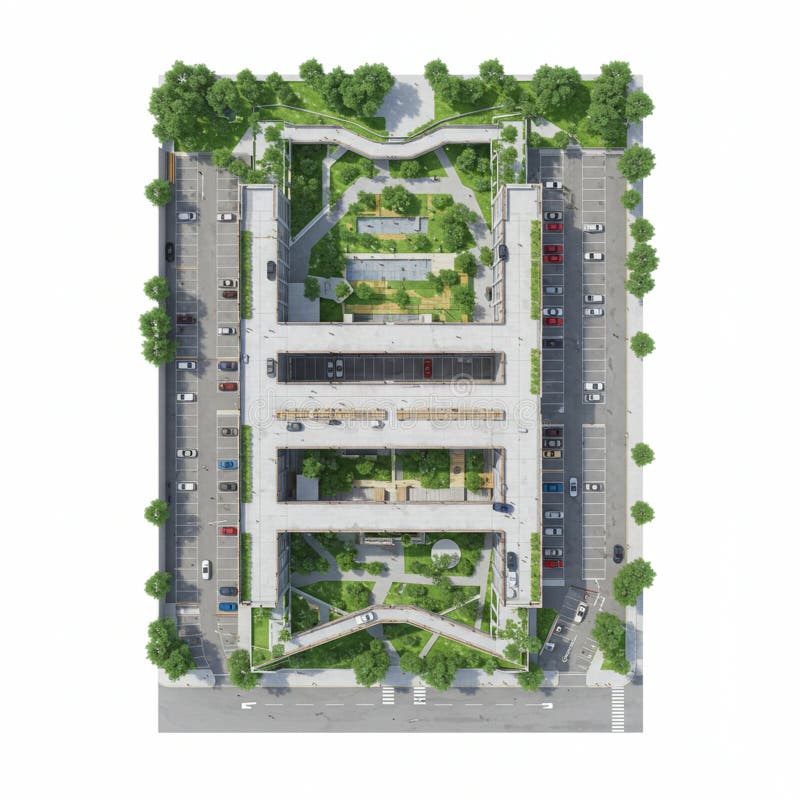 Top-down View of a Modern Architectural Complex with a Large Building ...