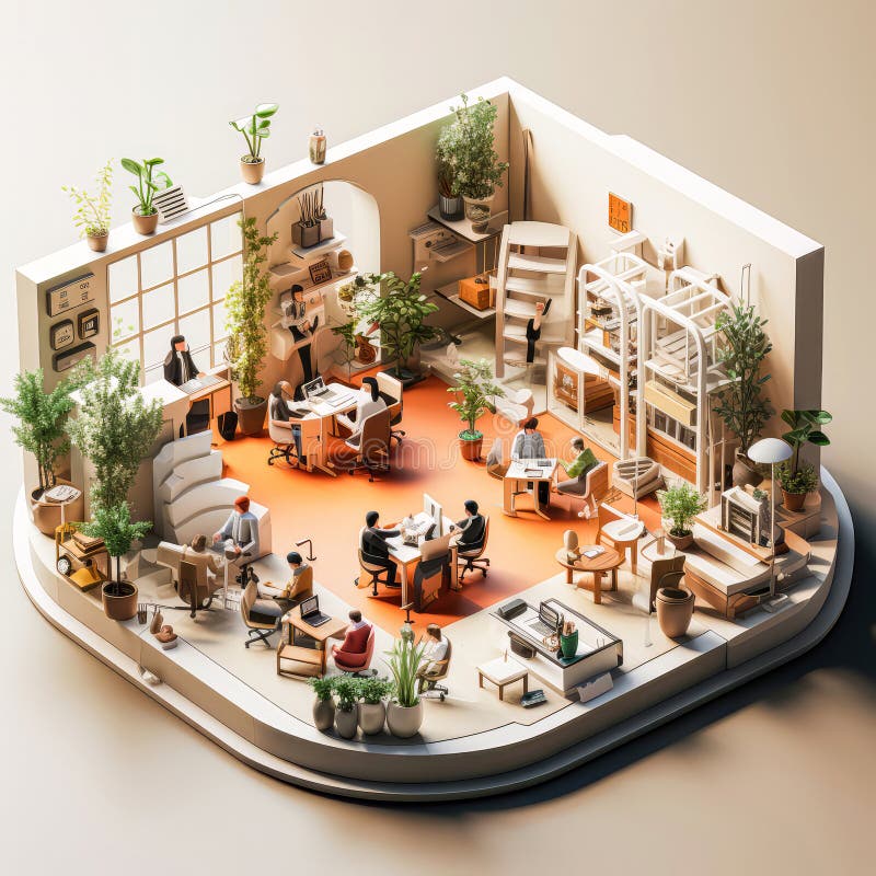 A Top-down View of a 3D Isometric Office, with People Working at Their ...
