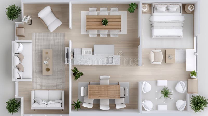 Top-down View of a Modern, Furnished Apartment with an Open Floor Plan ...