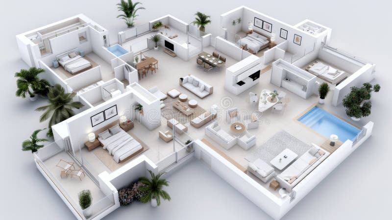 Top-down View of a Modern, Furnished House with an Open Floor Plan ...