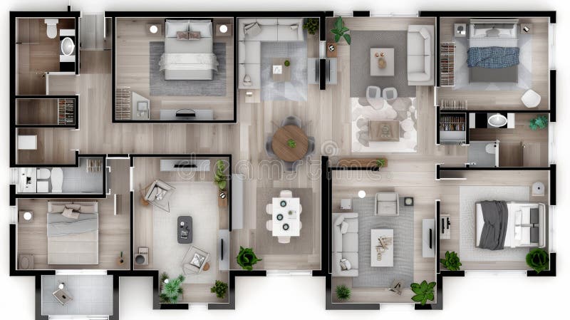Top-down View of a Modern Home Floor Plan with Furnished Rooms Stock ...
