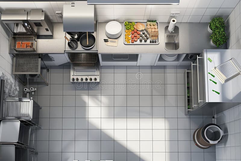 A Top-down View of a Modern Kitchen with Appliances and Furniture Stock ...