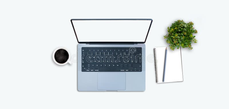 Top Down View of Modern Laptop on White Table Stock Photo - Image of ...
