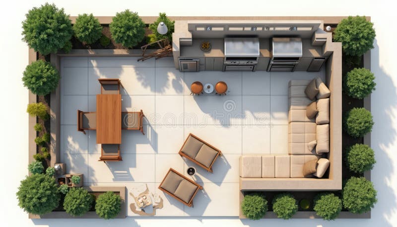 Top-down View of Modern Outdoor Kitchen, Patio Area. Features Include ...