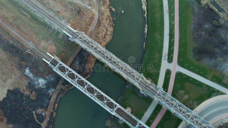 Top Down View of Modern Railway Bridge. Elevated Train Tracks, Aerial ...