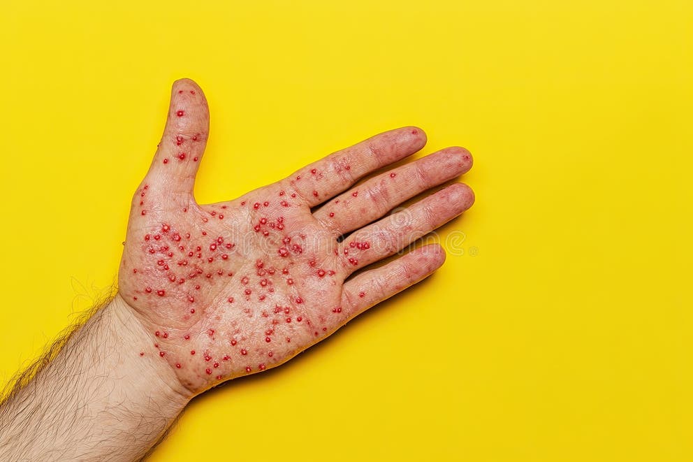 Top-Down View of Monkeypox Blisters on Hand, Red Rash on Palms. with ...