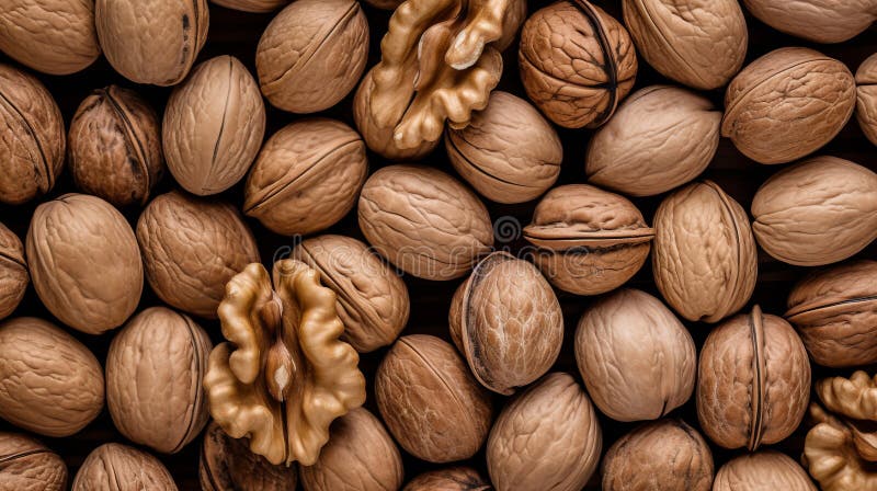 Top View of Whole and Shelled Walnuts As Food Background (Generative AI ...