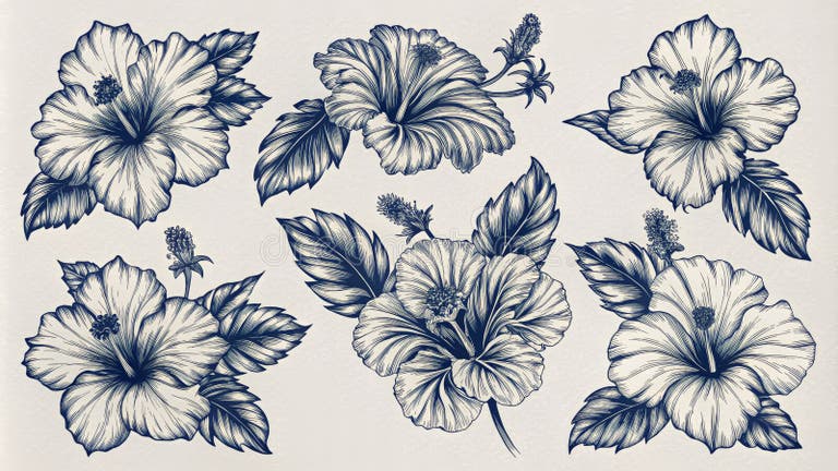 Top-Down View Navy Ink Hibiscus Floral Composition Stock Illustration - Illustration of closeup ...