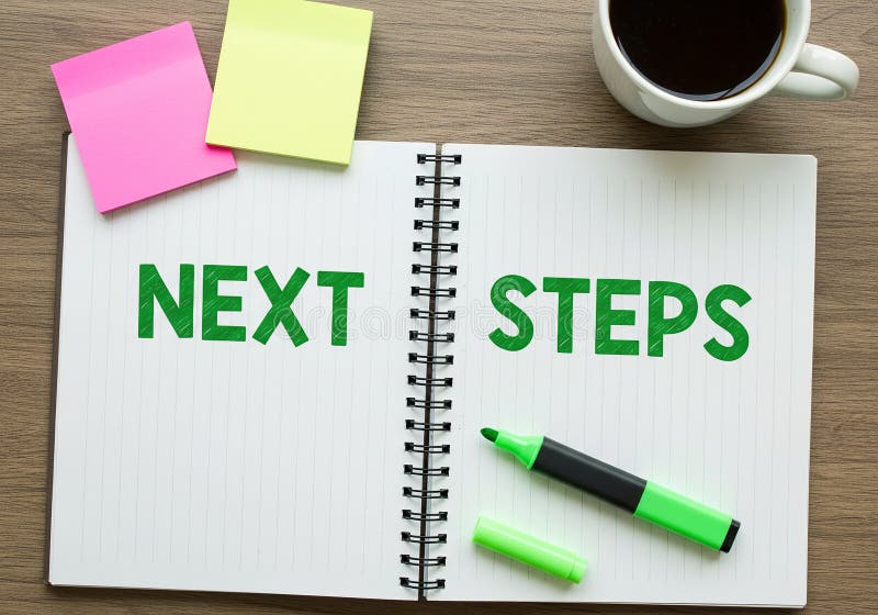 Top Down View Notebook Next Steps Green Sticky Notes Coffee Cup Stock ...